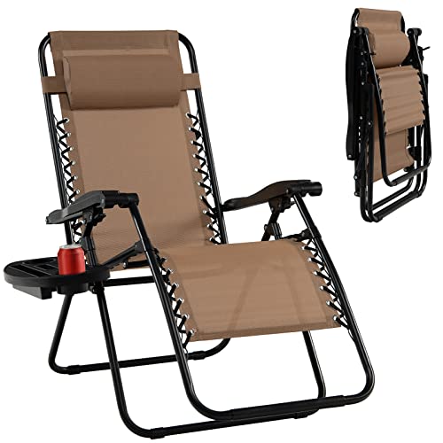 Tangkula Zero Gravity Chair, Folding Patio Lounge Chair Adjustable Outdoor Recliner with Cup Holder, Wide Armrest for Patio Garden Poolside Outdoor Yard Beach, Support 350 lbs (1, Light Brown)