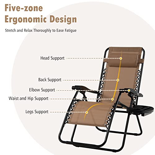 Tangkula Zero Gravity Chair, Folding Patio Lounge Chair Adjustable Outdoor Recliner with Cup Holder, Wide Armrest for Patio Garden Poolside Outdoor Yard Beach, Support 350 lbs (1, Light Brown)