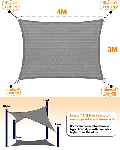 Fuairmee 10' x 13' Grey Sun Shade Sails, 185GSM Rectangle Shade Sail Square UV Block Canopy Cover for Patio Backyard Garden Outdoor Activities and Facility