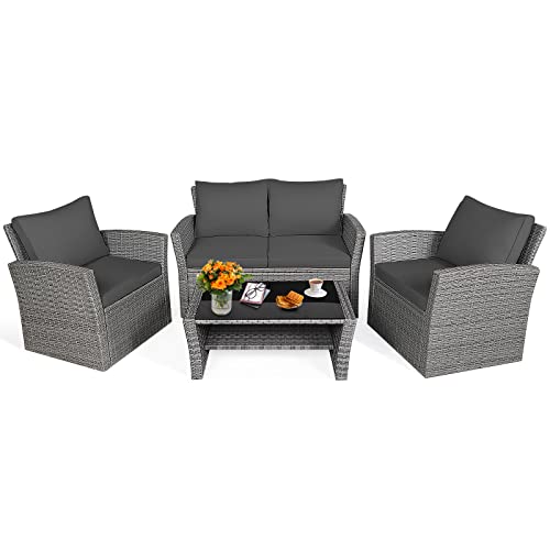 Tangkula 4 Pieces Patio Furniture Set, All Weather Outdoor Sectional Rattan Sofa Set with Cushions & Tempered Glass Table, Wicker Conversation Couch Set for Backyard Garden Poolside