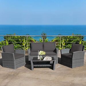 Tangkula 4 Pieces Patio Furniture Set, All Weather Outdoor Sectional Rattan Sofa Set with Cushions & Tempered Glass Table, Wicker Conversation Couch Set for Backyard Garden Poolside