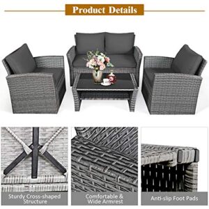 Tangkula 4 Pieces Patio Furniture Set, All Weather Outdoor Sectional Rattan Sofa Set with Cushions & Tempered Glass Table, Wicker Conversation Couch Set for Backyard Garden Poolside