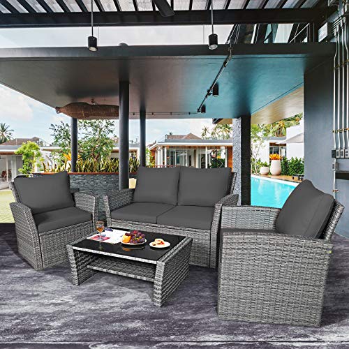 Tangkula 4 Pieces Patio Furniture Set, All Weather Outdoor Sectional Rattan Sofa Set with Cushions & Tempered Glass Table, Wicker Conversation Couch Set for Backyard Garden Poolside