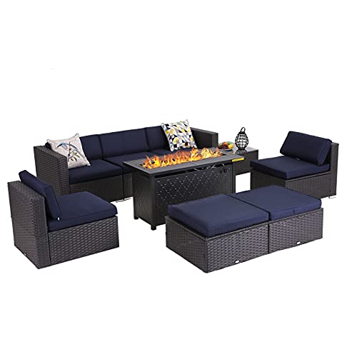 Sophia & William Patio Furniture Set with Gas Fire Pit Table 9 Piece Wicker Rattan Outdoor Sectional Sofa W/Coffee Table, Conversation Set, CSA Approved Propane Fire Pit(Navy Blue-Rectangular Table)