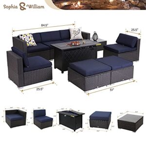 Sophia & William Patio Furniture Set with Gas Fire Pit Table 9 Piece Wicker Rattan Outdoor Sectional Sofa W/Coffee Table, Conversation Set, CSA Approved Propane Fire Pit(Navy Blue-Rectangular Table)