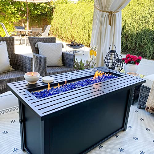 Sophia & William Patio Furniture Set with Gas Fire Pit Table 9 Piece Wicker Rattan Outdoor Sectional Sofa W/Coffee Table, Conversation Set, CSA Approved Propane Fire Pit(Navy Blue-Rectangular Table)