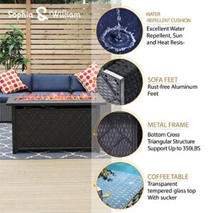 Sophia & William Patio Furniture Set with Gas Fire Pit Table 9 Piece Wicker Rattan Outdoor Sectional Sofa W/Coffee Table, Conversation Set, CSA Approved Propane Fire Pit(Navy Blue-Rectangular Table)