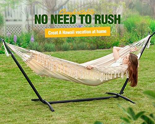 Zupapa 2 Person Hammock with Stand and Carrying Case, 550 Capacity, Portable for Living Room, Garden, Tassel Macrame White