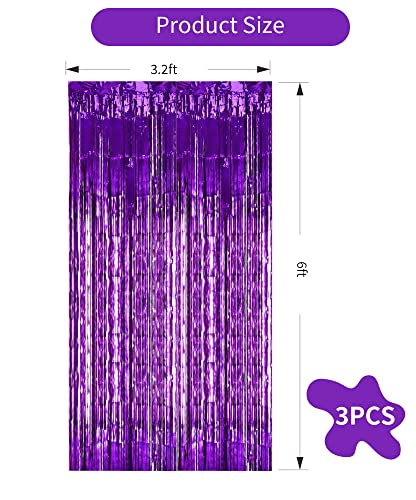 3Pcs Purple Metallic Tinsel Foil Fringe Curtains,3.28 x 6.56ft Purple Photo Booth Backdrop Streamer Curtain,Photo Booth Props,Ideal Bachelorette Party Supplies,Birthday,Christmas, New Year Decor