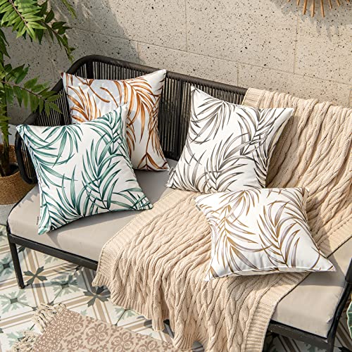 EMEMA Outdoor Waterproof Throw Pillow Covers Decorative Patio Pillow Cases Natural Leaves Tropical Spring Summer Square Cushion Shams Shell Garden Balcony Sunbrella Couch Pack of 2, 18x18 Inch Coffee