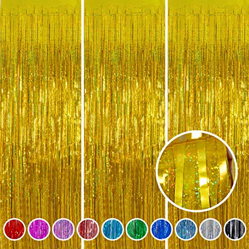 Foil Fringe Curtains Party Decorations - Melsan 3 Pack 3.2 x 8.2 ft Tinsel Curtain Party Photo Backdrop for Birthday Party Baby Shower or Graduation Decorations Gold