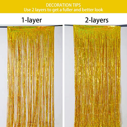 Foil Fringe Curtains Party Decorations - Melsan 3 Pack 3.2 x 8.2 ft Tinsel Curtain Party Photo Backdrop for Birthday Party Baby Shower or Graduation Decorations Gold