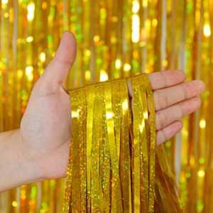 Foil Fringe Curtains Party Decorations - Melsan 3 Pack 3.2 x 8.2 ft Tinsel Curtain Party Photo Backdrop for Birthday Party Baby Shower or Graduation Decorations Gold