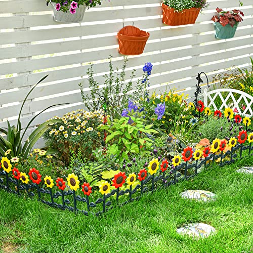 Sungmor Plastic Edgings Garden Picket Fence - Grass Lawn Flowerbeds Plant Borders - Decorative Sunflower Landscape Path Panels - Pack of 4 (Overall Length 98 Inches) - Lightweight & Easy Installation