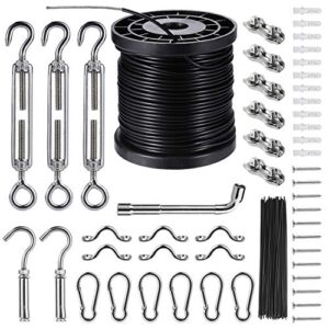 string lights hanging kit,globe string lights suspension kit,outdoor light guide wire,includ 164 ft nylon-coated stainless steel wire rope cable,turnbuckle and hooks,enough accessories,use manual