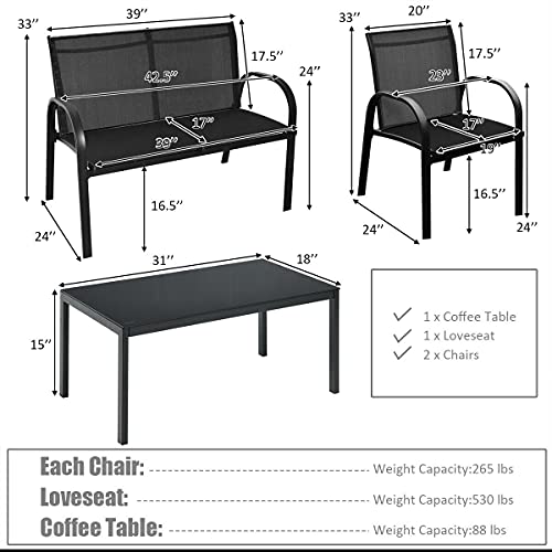 HAPPYGRILL 4 Pieces Patio Furniture Outdoor Garden Patio Table Set Poolside Lawn Chairs with Glass Coffee Table