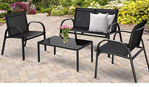 HAPPYGRILL 4 Pieces Patio Furniture Outdoor Garden Patio Table Set Poolside Lawn Chairs with Glass Coffee Table