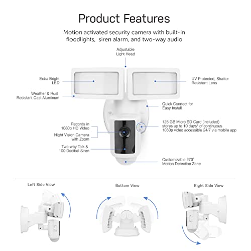 Feit Electric Outdoor Smart Camera Floodlight with Motion Sensor, Hardwired White Outdoor Security Light with Video, 1080p HD, 128 GB Micro SD Card Storage, Two-Way Audio and Alarm SEC3000/CAM/WIFI