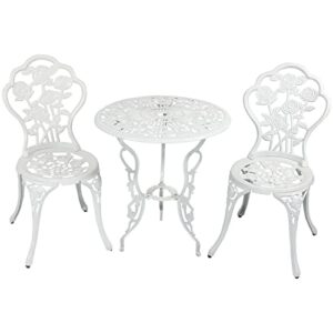 sunnydaze 3-piece flower designed bistro table set with 2 chairs, outdoor cast aluminum, white