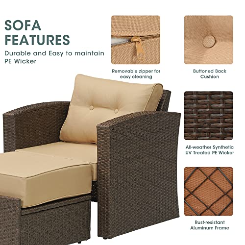 Wicker Patio Furniture Set Outdoor Patio Chairs with Ottomans, 2 Pieces Outdoor Lounge Chair Chat Patio Couch Sofa Chair with Ottoman,Aluminum Frame