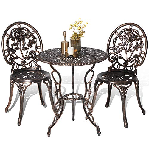 HOMEFUN Bistro Table Set, Antique Bronze Rose 3 Piece, Outdoor Patio Table and Chairs Furniture, Durable Rust Weather Resistance，Rose Bronze