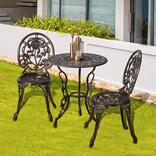 HOMEFUN Bistro Table Set, Antique Bronze Rose 3 Piece, Outdoor Patio Table and Chairs Furniture, Durable Rust Weather Resistance，Rose Bronze