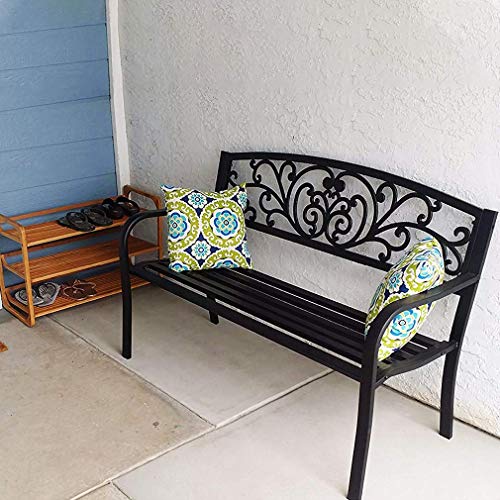 Dkeli 50” Garden Patio Bench Outdoor Metal Park Bench Furniture Cast Iron Porch Chair Seat with Armrests 480BLS Bearing Capacity for Park Yard Deck Lawn, Black