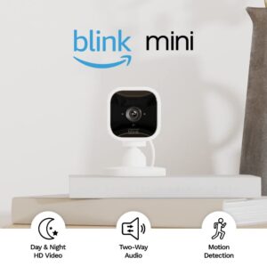 Certified Refurbished Blink Mini – Compact indoor plug-in smart security camera, 1080p HD video, night vision, motion detection, two-way audio, easy set up, Works with Alexa – 1 camera (White)