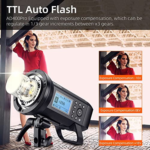 Godox AD400 Pro Outdoor Flash Strobe Light, 400ws 1/8000s HSS TTL All-in-One Studio Strobe, 30W LED Modeling Lamp, 0.01-1s Recycle Time, 390 Full Power Pops Portable Speedlite