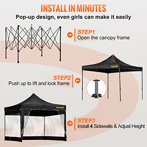 VEVOR Pop Up Canopy Tent, 10 x 10 FT, Outdoor Patio Gazebo Tent with Removable Sidewalls and Wheeled Bag, UV Resistant Waterproof Instant Gazebo Shelter for Party, Garden, Backyard, Black