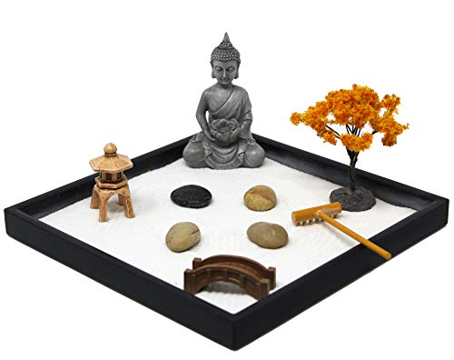 Nature's Mark Mini Zen Garden Kit for Desk with Rake, White Sand, Buddha, Bridge Black Square Base, River Rocks and Mini Blossom Tree (9Lx9W A)