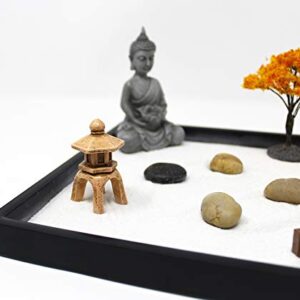 Nature's Mark Mini Zen Garden Kit for Desk with Rake, White Sand, Buddha, Bridge Black Square Base, River Rocks and Mini Blossom Tree (9Lx9W A)