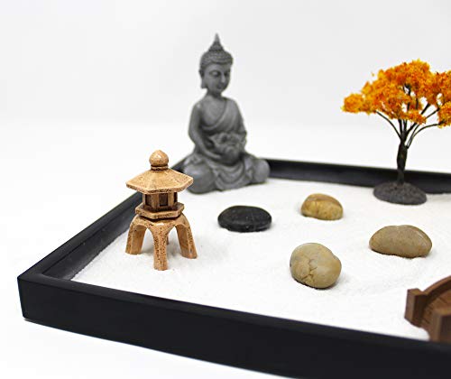 Nature's Mark Mini Zen Garden Kit for Desk with Rake, White Sand, Buddha, Bridge Black Square Base, River Rocks and Mini Blossom Tree (9Lx9W A)