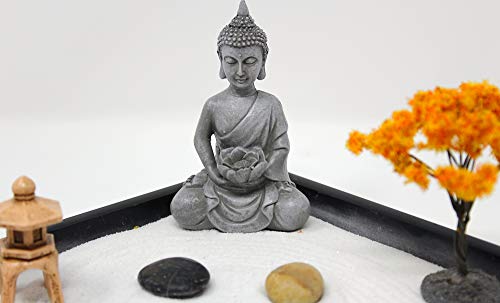 Nature's Mark Mini Zen Garden Kit for Desk with Rake, White Sand, Buddha, Bridge Black Square Base, River Rocks and Mini Blossom Tree (9Lx9W A)