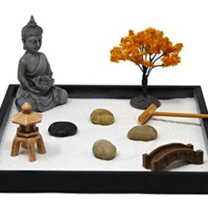 Nature's Mark Mini Zen Garden Kit for Desk with Rake, White Sand, Buddha, Bridge Black Square Base, River Rocks and Mini Blossom Tree (9Lx9W A)