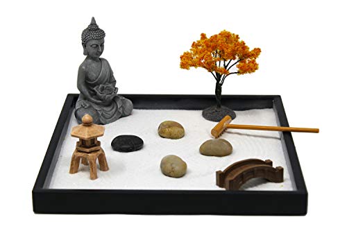 Nature's Mark Mini Zen Garden Kit for Desk with Rake, White Sand, Buddha, Bridge Black Square Base, River Rocks and Mini Blossom Tree (9Lx9W A)