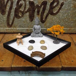 Nature's Mark Mini Zen Garden Kit for Desk with Rake, White Sand, Buddha, Bridge Black Square Base, River Rocks and Mini Blossom Tree (9Lx9W A)