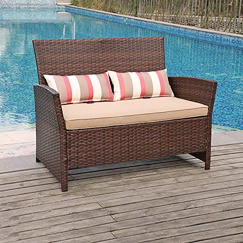 SUNSITT Outdoor Wicker Loveseat with Cushions, 2 Seats Patio PE Rattan Sofa with Lumbar Pillows, Porch, Backyard, Garden, Pool, Steel Frame