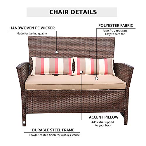 SUNSITT Outdoor Wicker Loveseat with Cushions, 2 Seats Patio PE Rattan Sofa with Lumbar Pillows, Porch, Backyard, Garden, Pool, Steel Frame