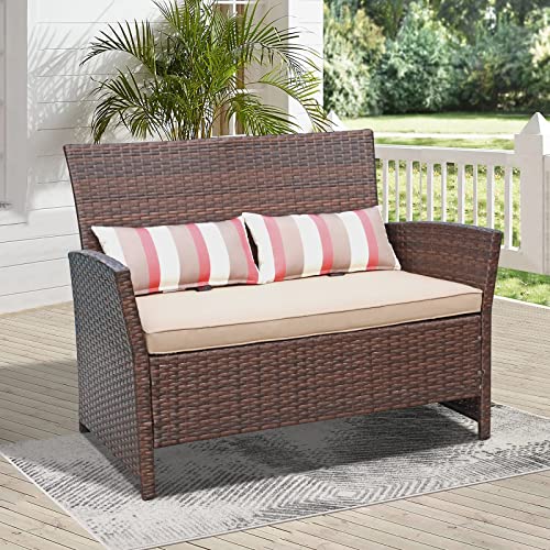 SUNSITT Outdoor Wicker Loveseat with Cushions, 2 Seats Patio PE Rattan Sofa with Lumbar Pillows, Porch, Backyard, Garden, Pool, Steel Frame