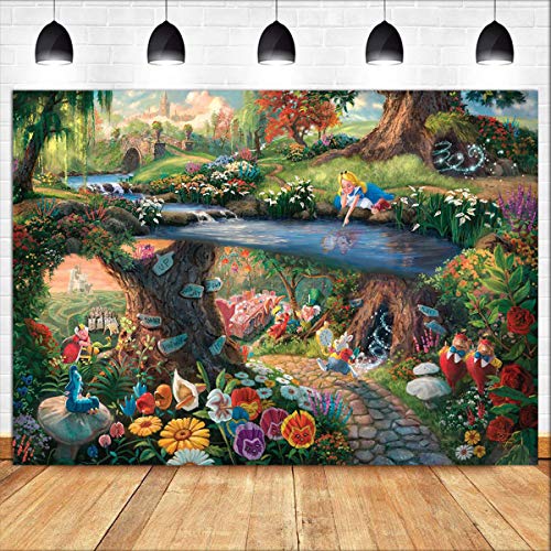 Cartoon Forest Scene Flowers Photo Background Baby Shower Decorations Vinyl 7x5ft Alice in Wonderland Enchanted Photography Backdrop Princess Girls Sweet Birthday Party Banner Supplies Photo Booth