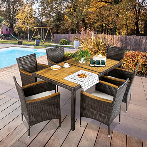 VINGLI 7 Pieces Patio Dining Set, Acacia Wood Patio Furniture Outdoor Dining Set for 6 Patio Dining Table for Garden and Yard