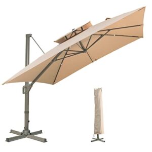 lkinbo 9x9ft cantilever umbrella double top outdoor umbrellas large patio umbrella windproof offset umbrella heavy duty hanging sun umbrella with cross base for garden deck pool beach market, khaki