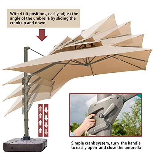 LKINBO 9X9FT Cantilever Umbrella Double Top Outdoor Umbrellas Large Patio Umbrella Windproof Offset Umbrella Heavy Duty Hanging Sun Umbrella With Cross Base for Garden Deck Pool Beach Market, Khaki