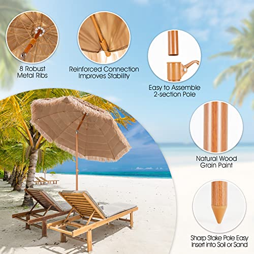 TANGKULA 7.2 FT Thatched Patio Umbrella, Hawaiian Style Grass Beach Umbrella with Tilt Adjustment, 8 Ribs, Tropical Palapa Tiki Umbrella for Garden, Yard, Poolside