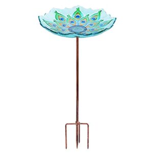 mumtop glass bird bath, garden outdoor birdbaths birdfeeder with metal stake peacock