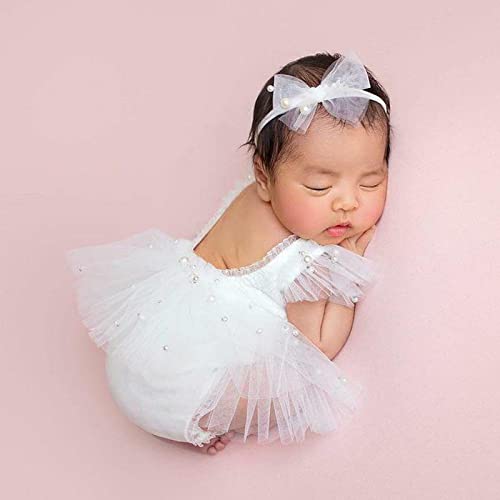 M&G House White Lace Newborn Photography Outfits Girl Newborn Photography Props Pearl Lace Rompers Newborn Girl Lace Romper Photoshoot Outfits Halloween (Short Sleeve, White, 0-2Months)