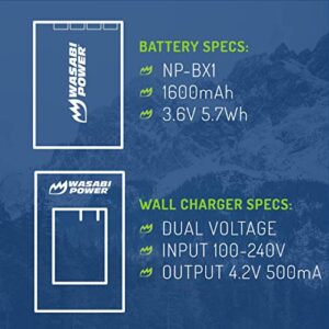 Wasabi Power NP-BX1 Battery (2-Pack) and Charger for Sony NP-BX1/M8, Cyber-Shot DSC-HX80, HX90V, HX95, HX99, HX350, RX1, RX1R II, RX100 (II/III/IV/V/VA/VI/VII), FDR-X3000, HDR-AS50, AS300, ZV-1, etc., black (KIT-BTR-NPBX1-LCH-NPBX1-01)