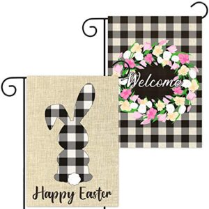 grobro7 easter buffalo plaid garden flag burlap rabbit flag house decorative welcome checkered yard decoration double sided print seasonal outdoor décor for happy easter day 12″x18″