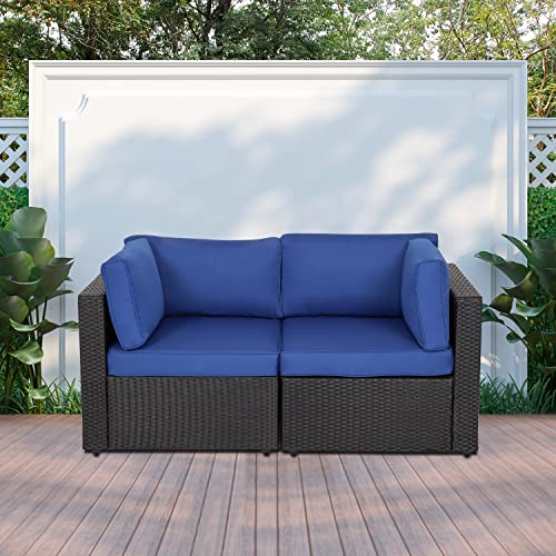 kinbor Black Wicker Patio Loveseat 2 PCS Outdoor Garden Furniture Set Rattan Corner Sofa with Thick Dark Blue Cushions